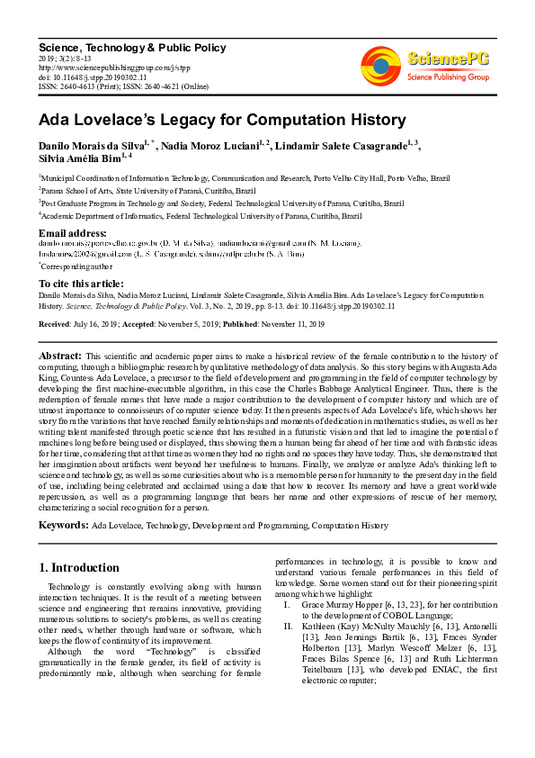 (PDF) Ada Lovelace’s Legacy for Computation History