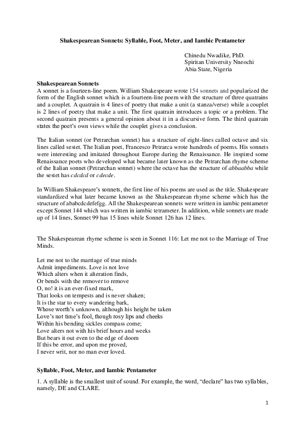 (PDF) Shakespearean Sonnets: Syllable, Foot, Meter, and Iambic Pentameter