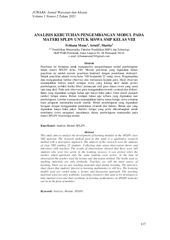 (PDF) Analisis Kebutuhan Pengembangan Modul pada Materi SPLDV untuk Siswa SMP Kelas VIII ...