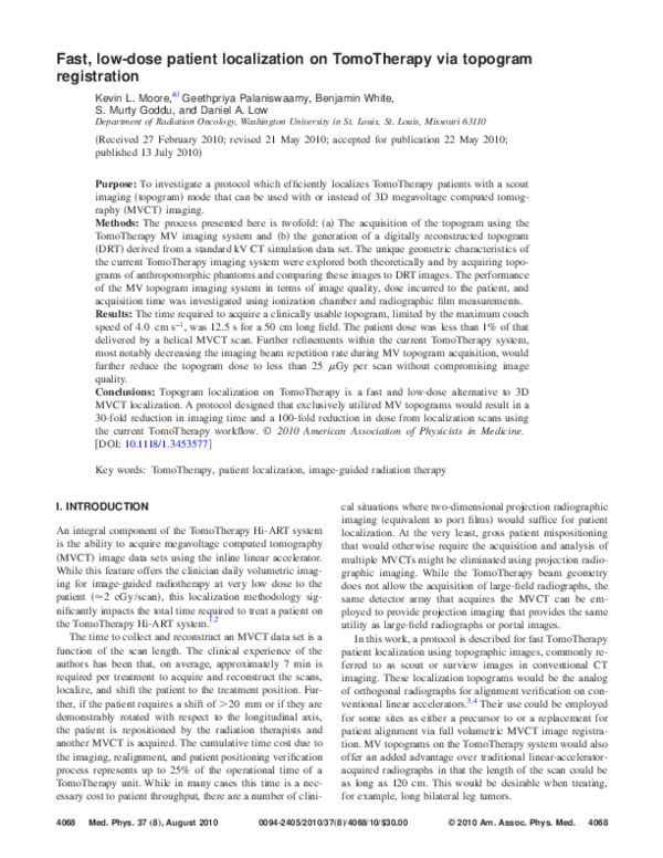 (PDF) Fast, Low-dose Patient Localization on TomoTherapy via Topogram ...