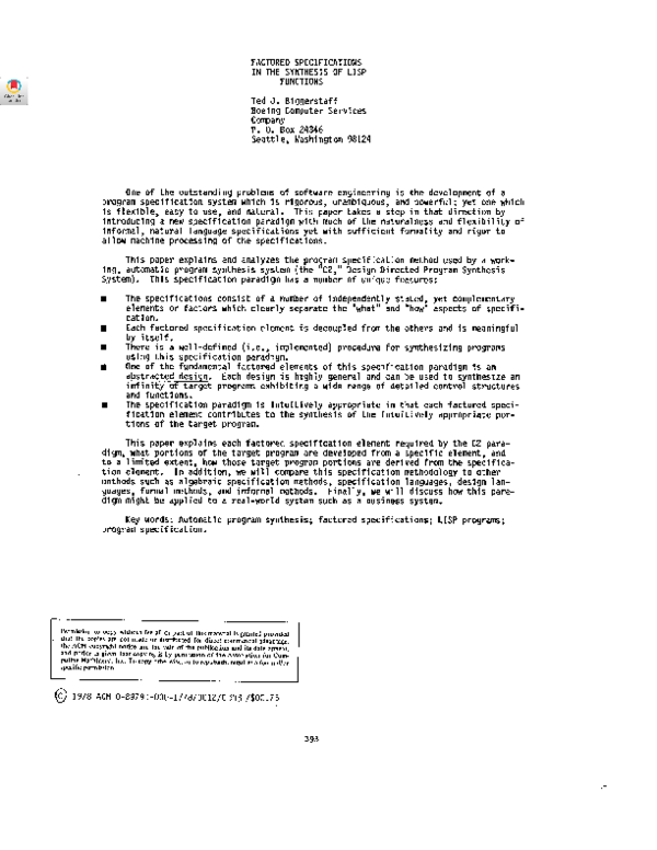 (PDF) Factored Specifications In The Synthesis Of LISP Functions