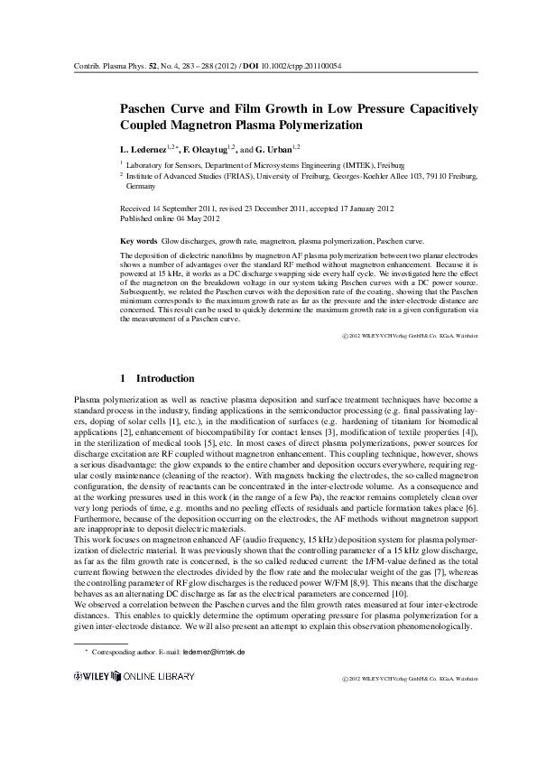 (PDF) Paschen Curve and Film Growth in Low Pressure Capacitively ...