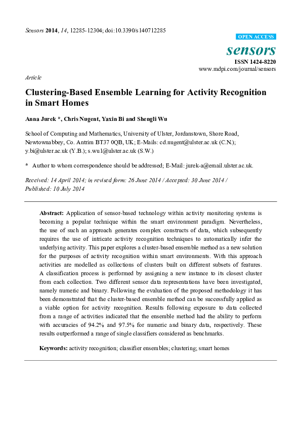 (PDF) Clustering-Based Ensemble Learning for Activity Recognition in Smart Homes