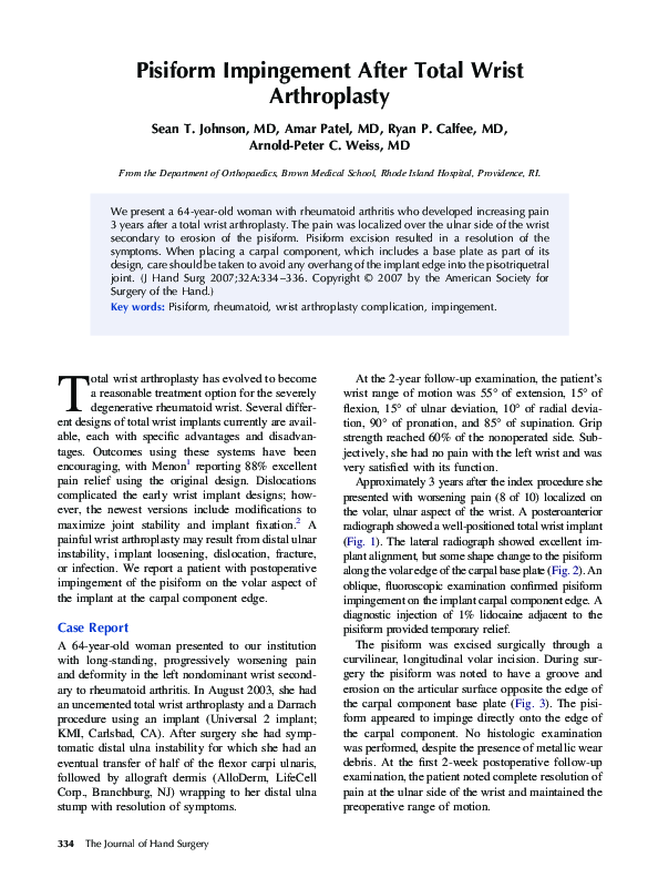 (PDF) Pisiform Impingement After Total Wrist Arthroplasty