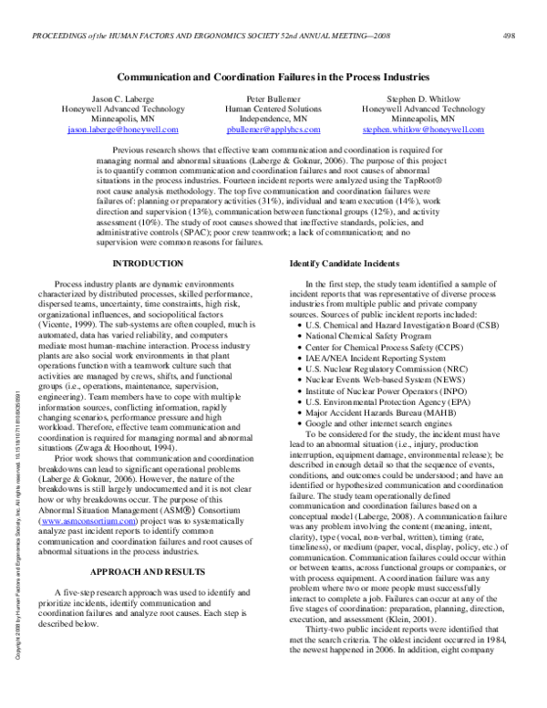 (PDF) Communication and Coordination Failures in the Process Industries