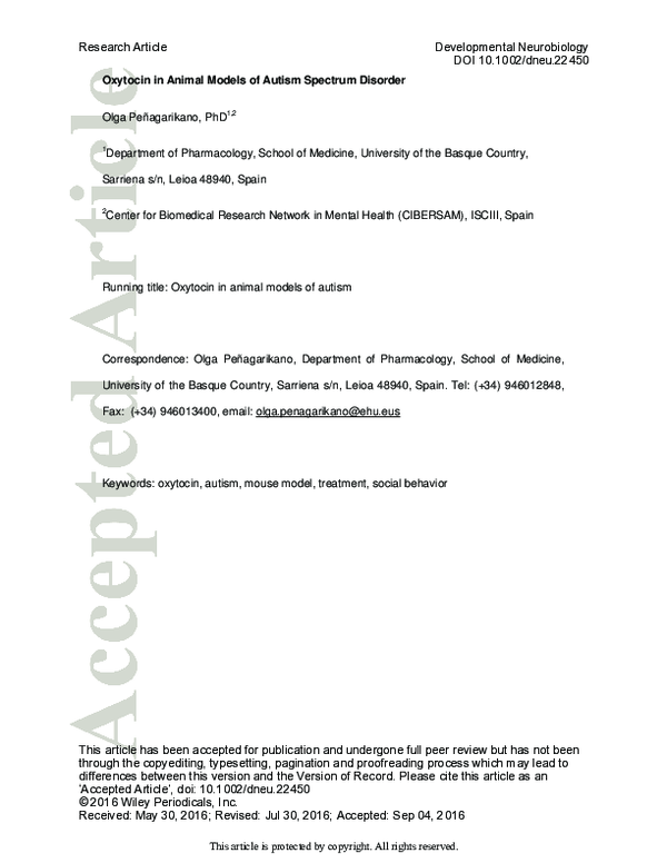 (PDF) Oxytocin in animal models of autism spectrum disorder