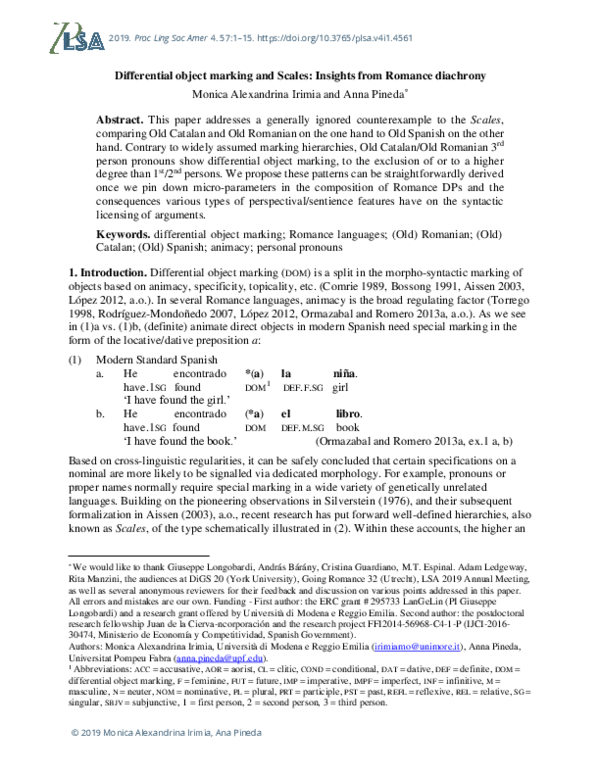 (PDF) Differential object marking and Scales: insights from diachrony