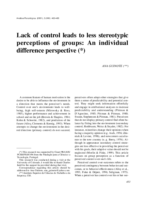 (PDF) Lack of control leads to less stereotypic perceptions of groups ...