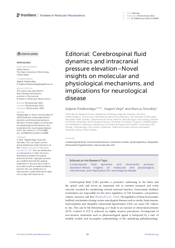 (PDF) Editorial: Cerebrospinal fluid dynamics and intracranial pressure elevation–Novel insights ...