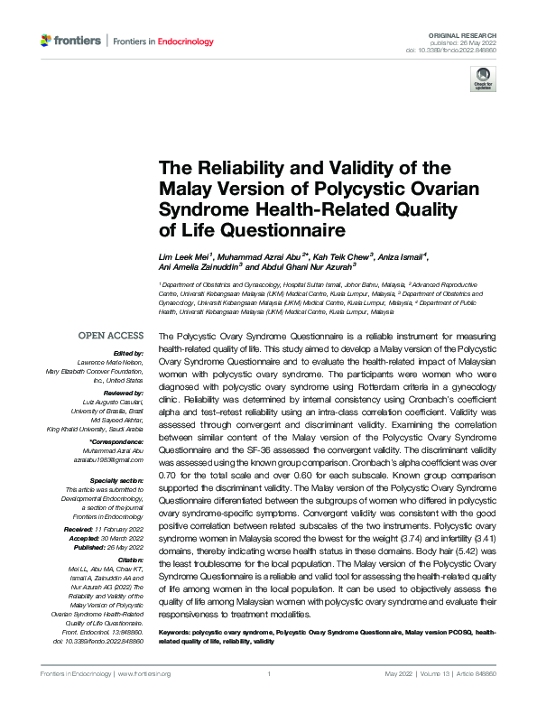 (PDF) Malay PCOS QoL Questionnaire: Reliability & Validity