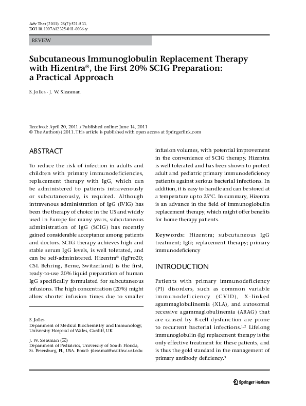 (PDF) Subcutaneous immunoglobulin replacement therapy with Hizentra ...