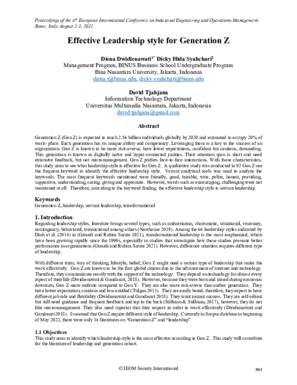 (PDF) Effective Leadership style for Generation Z