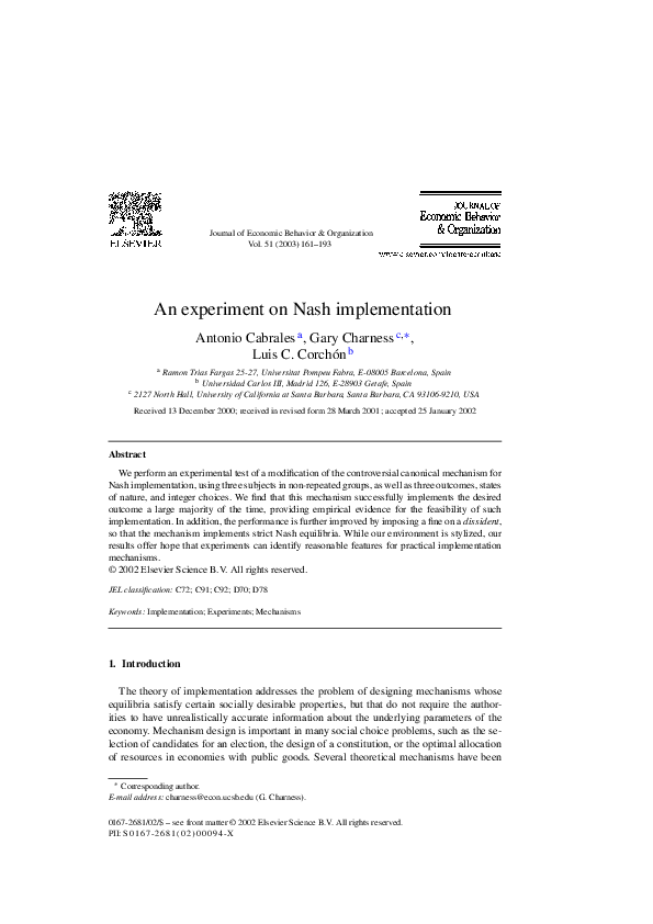 (PDF) An experiment on Nash implementation