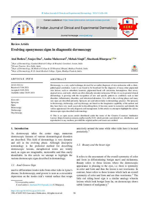 (PDF) Evolving eponymous signs in diagnostic dermoscopy | Seujee Das ...