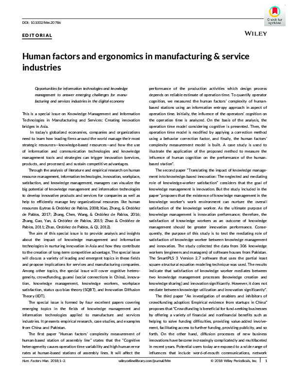 (PDF) Human Factors and Ergonomics in Manufacturing & Service Industries