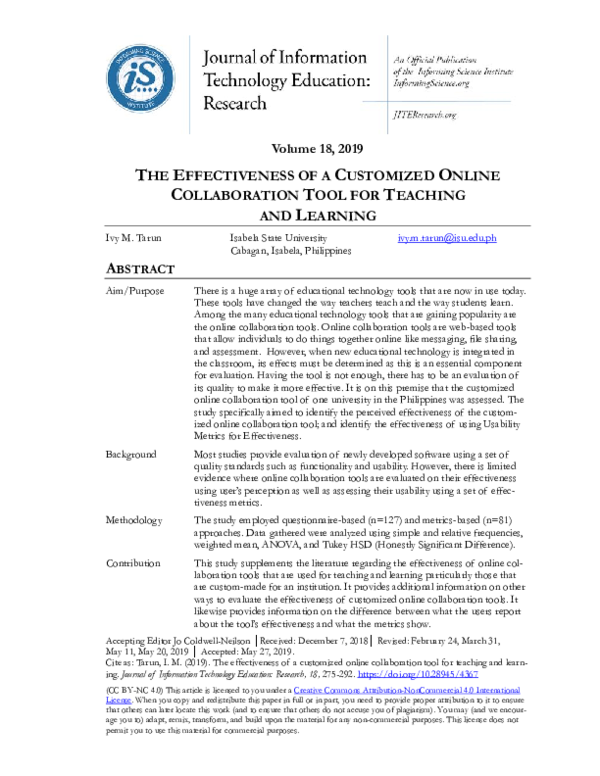 (PDF) The Effectiveness of a Customized Online Collaboration Tool for Teaching and Learning