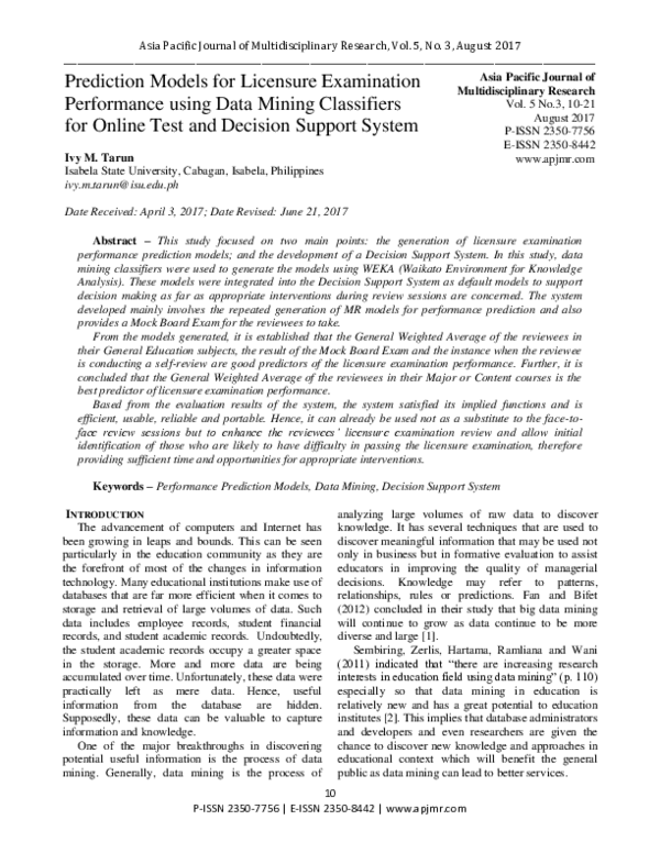 (PDF) Prediction Models for Licensure Examination Performance using Data Mining Classifiers for ...