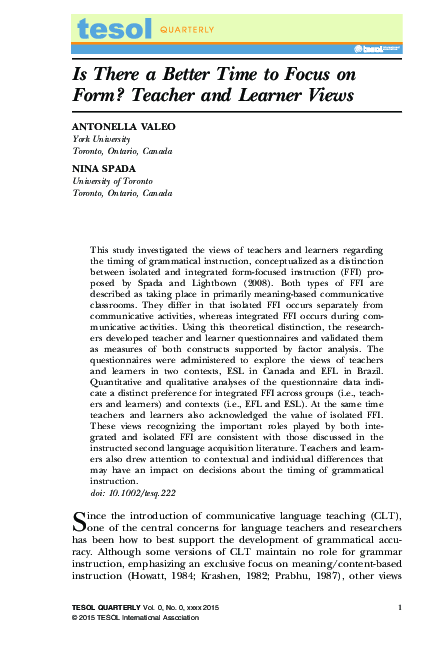 (PDF) Is There a Better Time to Focus on Form? Teacher and Learner Views