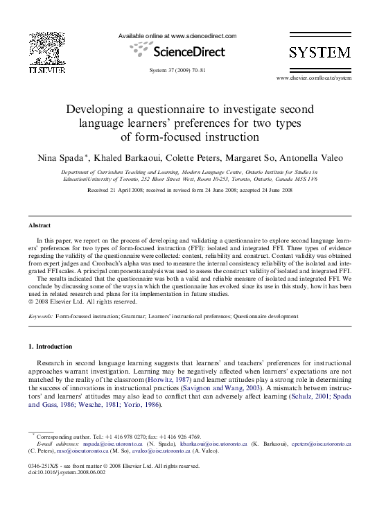 (PDF) Developing a questionnaire to investigate second language learners’ preferences for two ...