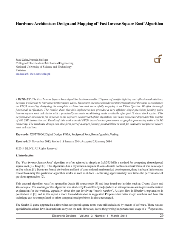(PDF) Hardware architecture design and mapping of ‘Fast Inverse Square ...