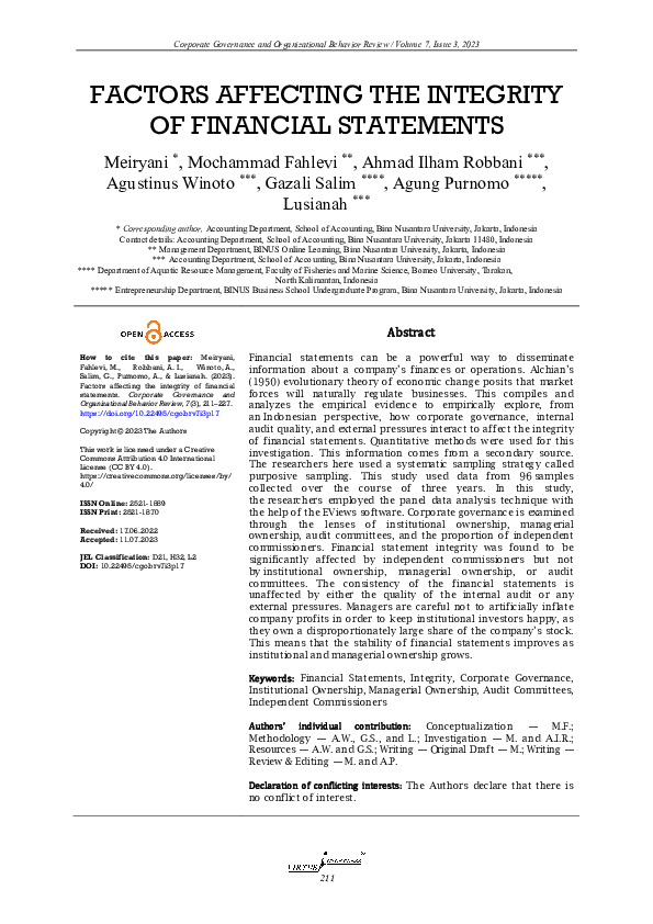 Pdf Factors Affecting The Integrity Of Financial Statements