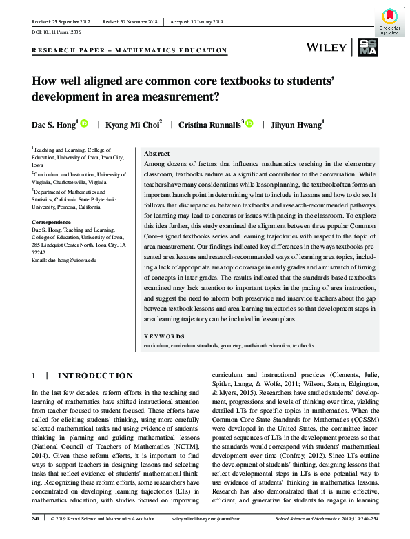 (PDF) How well aligned are common core textbooks to students’ development in area measurement?