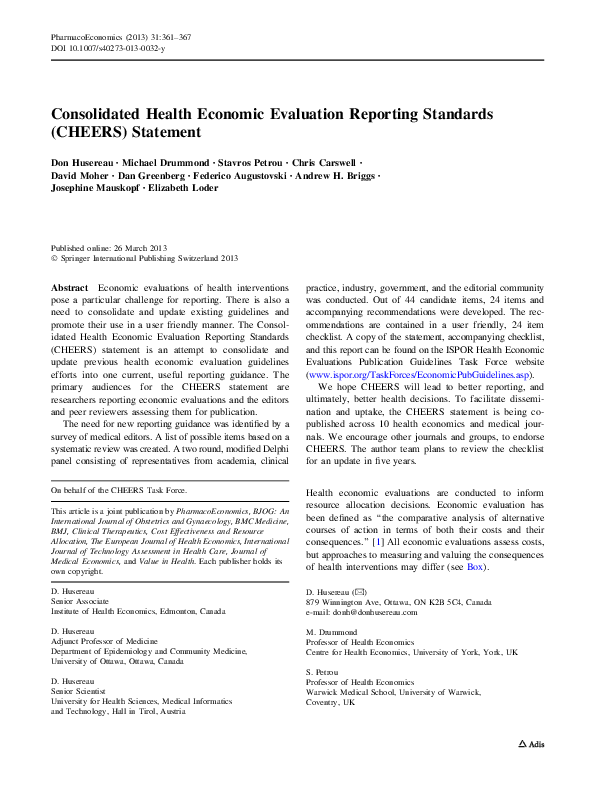 (PDF) CHEERS: Updated Reporting Standards for Health Economic Evaluations