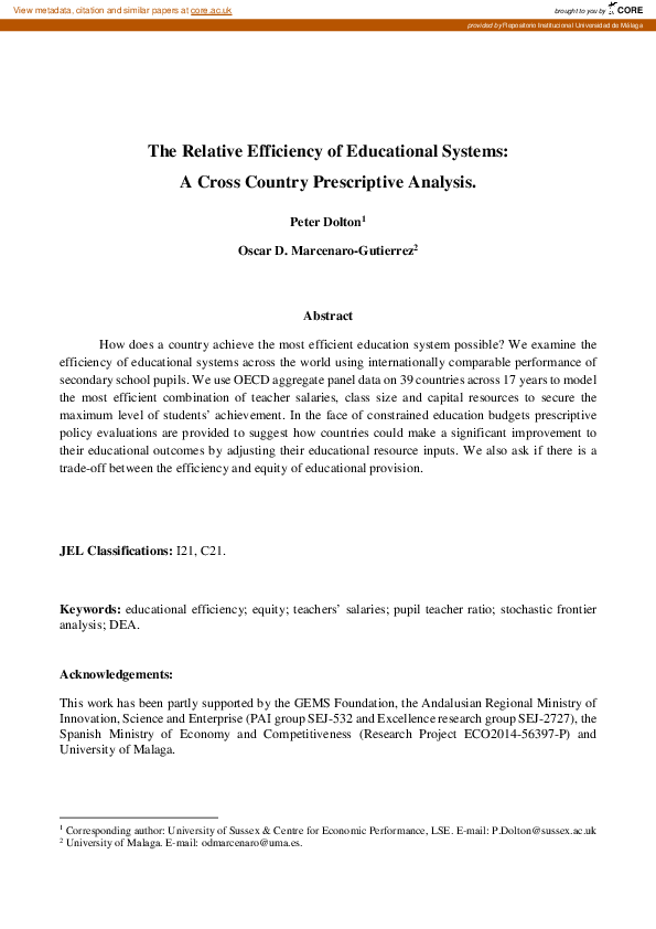 (PDF) The Relative Efficiency of Educational Systems: A Cross Country ...