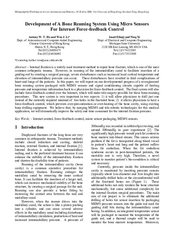 (PDF) A bone reaming system using micro sensors for Internet force ...
