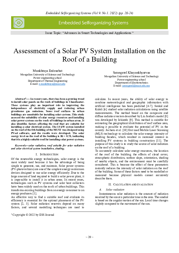 (PDF) Assessment of a Solar PV System Installation on the Roof of a ...