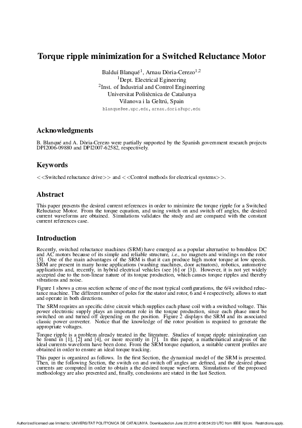 Pdf Torque Ripple Minimization Of A Switched Reluctance Motor