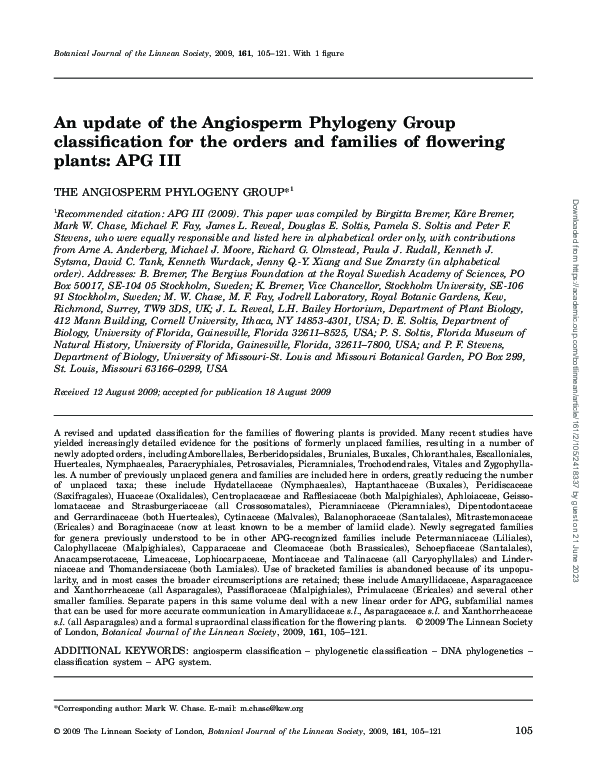 (PDF) An update of the Angiosperm Phylogeny Group classification for ...