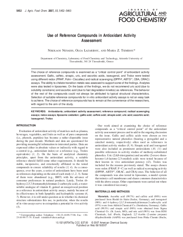 (PDF) Use of Reference Compounds in Antioxidant Activity Assessment