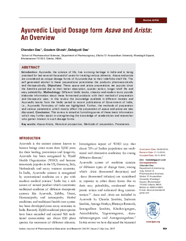 (PDF) Ayurvedic Liquid Dosage form Asava and Arista: An Overview