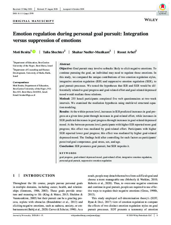 (PDF) Emotion regulation during personal goal pursuit: Integration ...