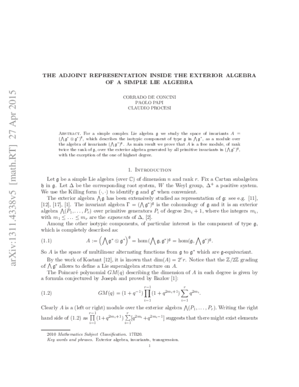 (PDF) The adjoint representation inside the exterior algebra of a simple Lie algebra | Corrado ...