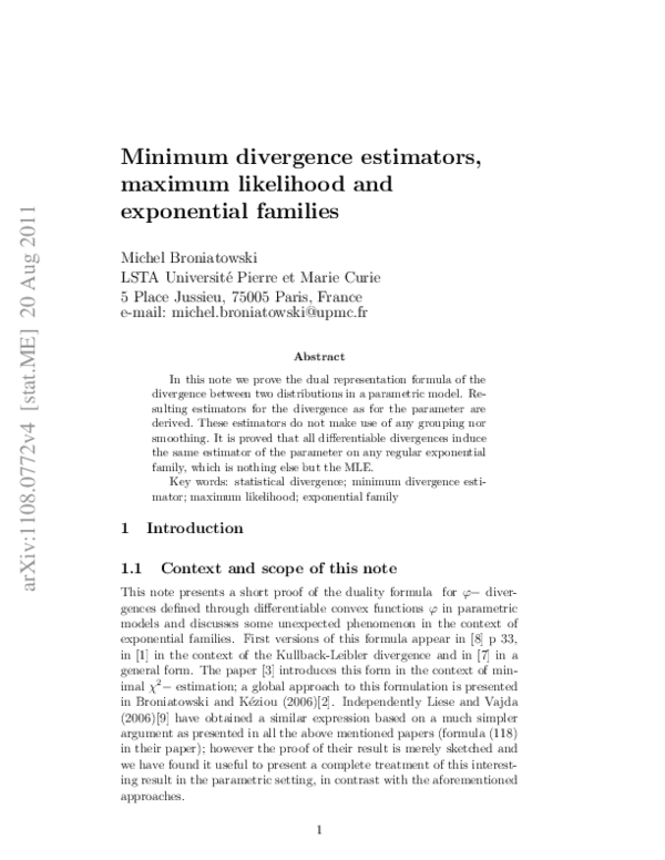 Pdf Minimum Divergence Estimators Maximum Likelihood And Exponential Families