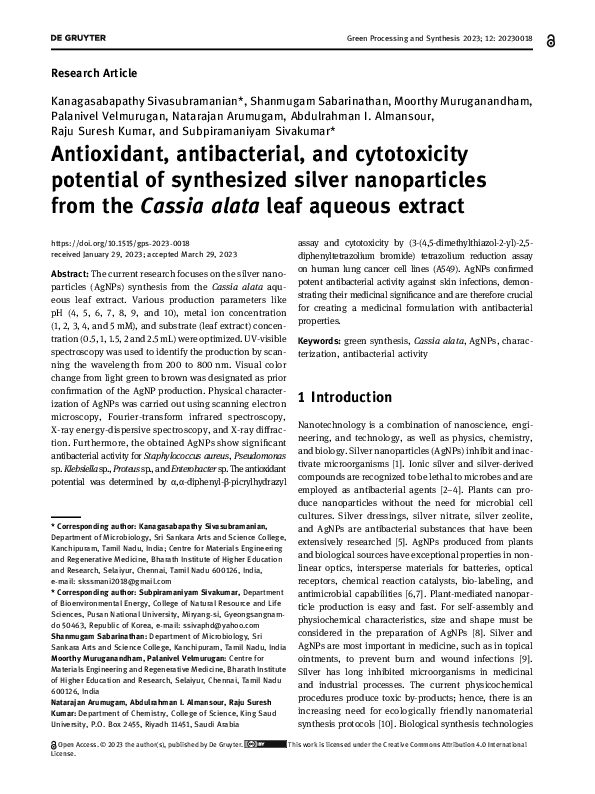 (PDF) Antioxidant, antibacterial, and cytotoxicity potential of synthesized silver nanoparticles ...