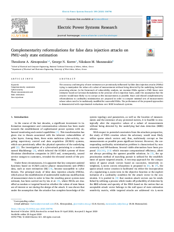 Pdf Complementarity Reformulations For False Data Injection Attacks On Pmu Only State Estimation