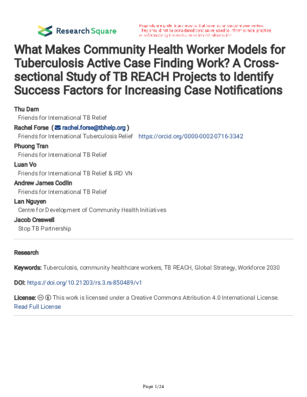 (PDF) What Makes Community Health Worker Models for Tuberculosis Active Case Finding Work? A ...