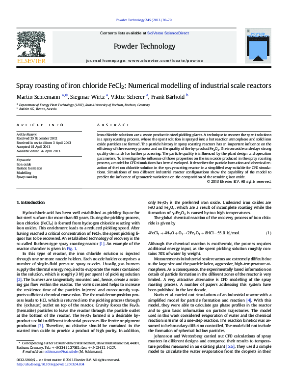 (PDF) Spray roasting of iron chloride FeCl2: Numerical modelling of industrial scale reactors