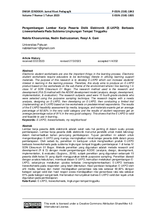 (PDF) Pengembangan Lembar Kerja Peserta Didik Elektronik (E-LKPD) Berbasis Liveworksheets Pada ...