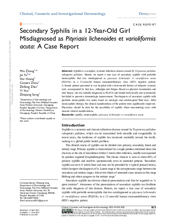 (PDF) Secondary Syphilis in a 12-Year-Old Girl Misdiagnosed as ...