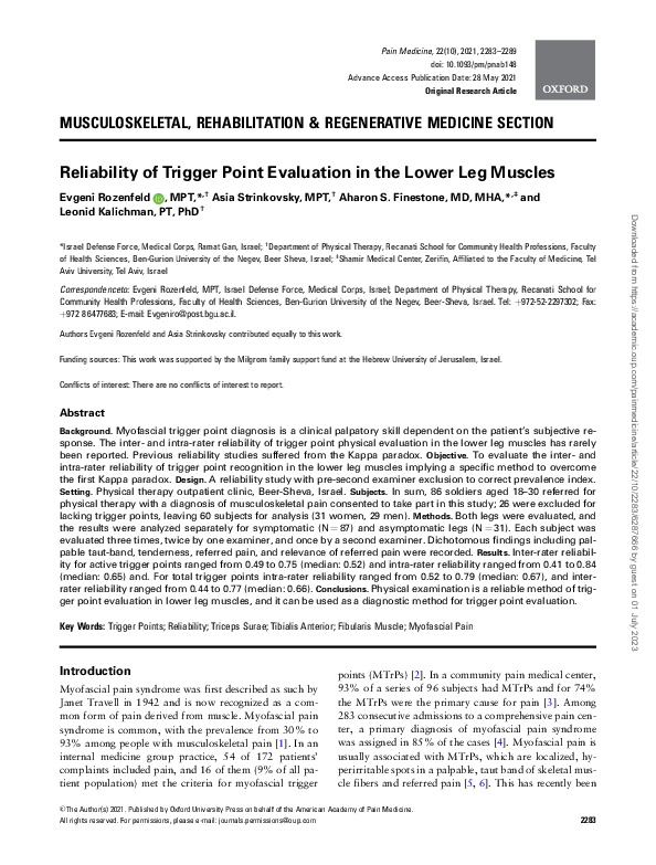 (PDF) Reliability of Trigger Point Evaluation in the Lower Leg Muscles