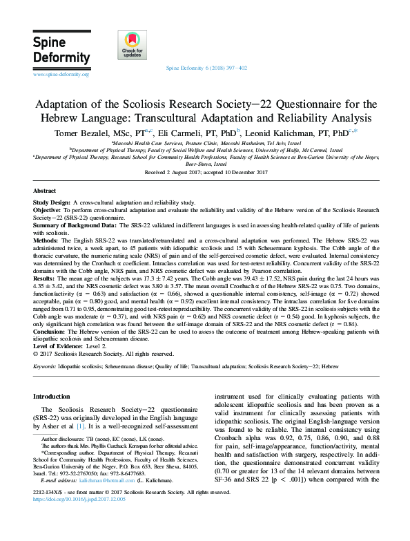 (PDF) Adaptation of the Scoliosis Research Society–22 Questionnaire for ...
