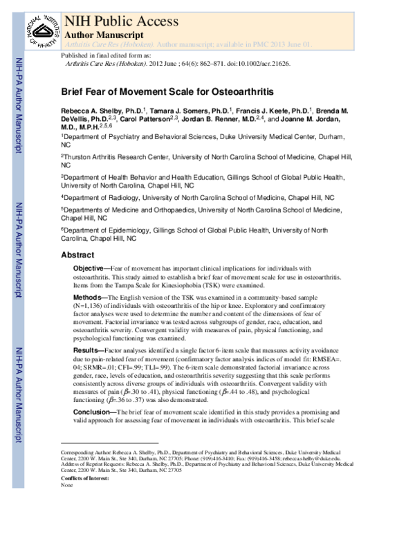 (PDF) Brief fear of movement scale for osteoarthritis