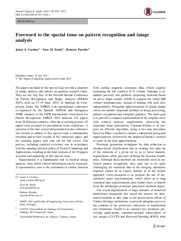 (PDF) Foreword to the special issue on pattern recognition and image analysis