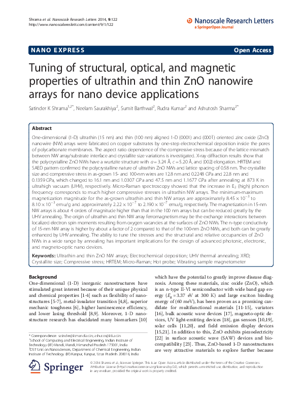 (PDF) Tuning of structural, optical, and magnetic properties of ultrathin and thin ZnO nanowire ...