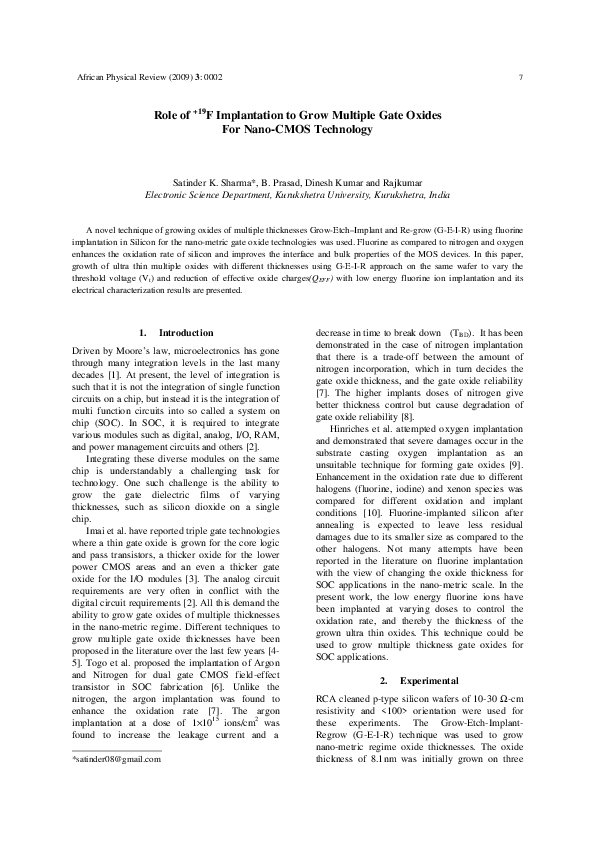 (PDF) Role of +19F Implantation to Grow Multiple Gate Oxides for Nano ...