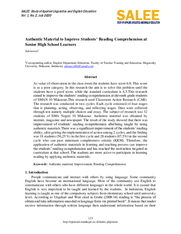 (PDF) Authentic Material to Improve Students’ Reading Comprehension at ...